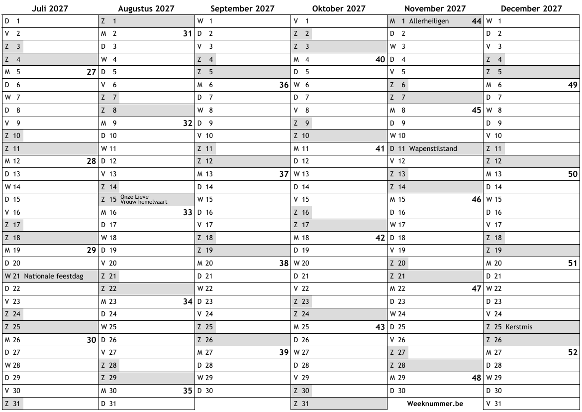 Kalender 2027, 2e helft