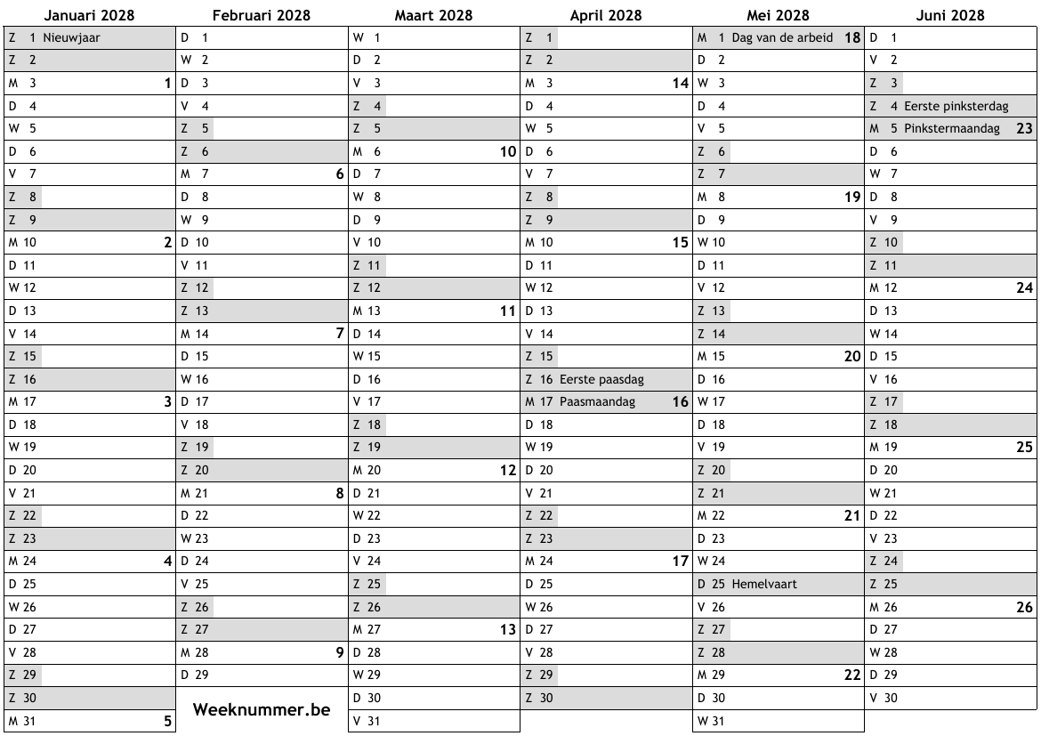 Kalender voor 2028 met weeknummers en feestdagen … nationale feestdagen, weken, agenda, A4 ...